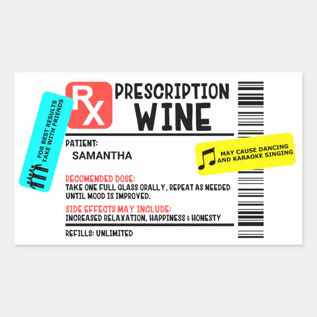 Funny Prescription Wine Warning Label Personalized | Zazzle