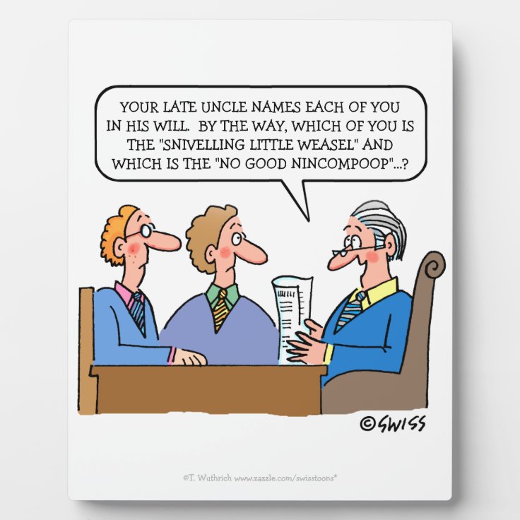 Funny Probate Lawyer Reading Will to Heirs Cartoon Plaque | Zazzle