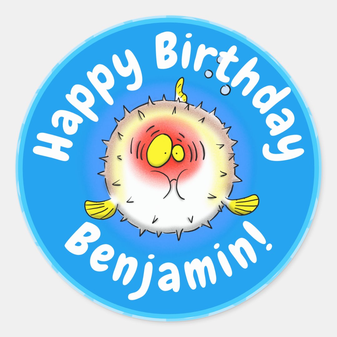 Funny puffer fish porcupine fish cartoon classic round sticker | Zazzle