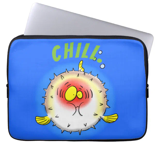 Funny puffer fish porcupine fish cartoon laptop sleeve | Zazzle