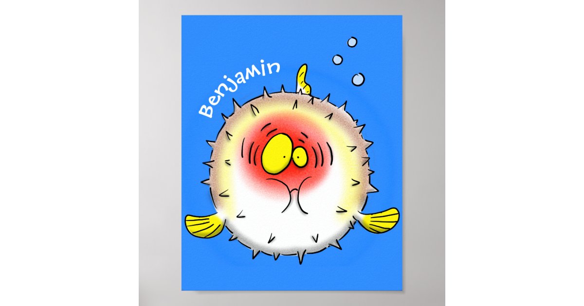 Funny puffer fish porcupine fish cartoon poster | Zazzle