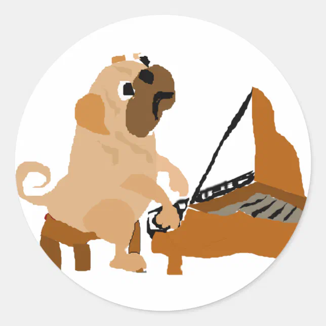 Funny Pug Dog Playing Piano Classic Round Sticker | Zazzle