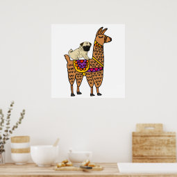 Funny Pug Dog Riding Llama Cartoon Poster | Zazzle