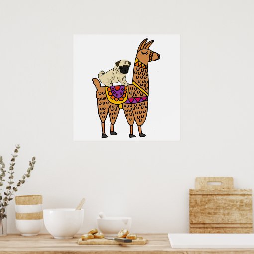 Funny Pug Dog Riding Llama Cartoon Poster | Zazzle