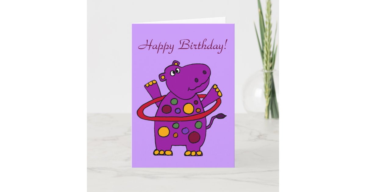 Funny Purple Hippo Playing Hula Hoop Card | Zazzle
