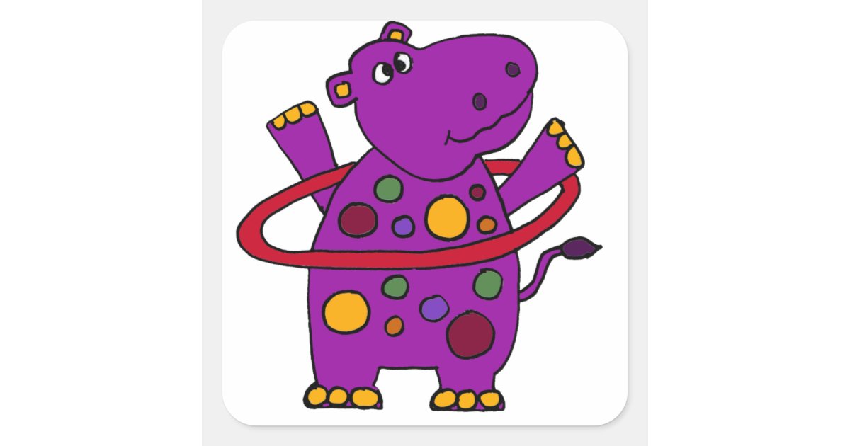 Funny Purple Hippo Playing Hula Hoop Square Sticker | Zazzle