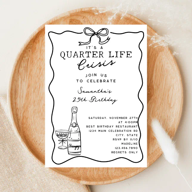 Funny Quarter Life Crisis Retro Bow 25th Birthday Invitation | Zazzle