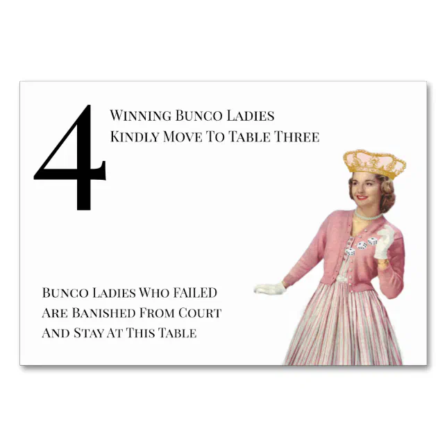 Funny Queen Table Four Bunco Table Number | Zazzle