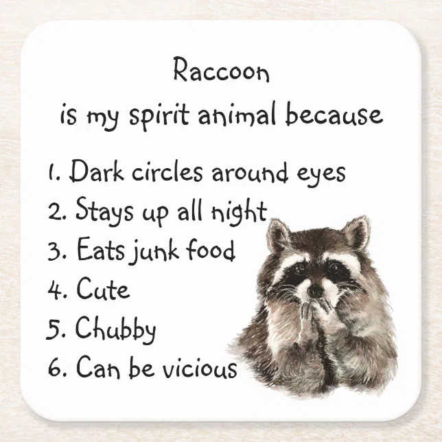 Funny Raccoon Spirit Animal Humor Square Paper Coaster | Zazzle