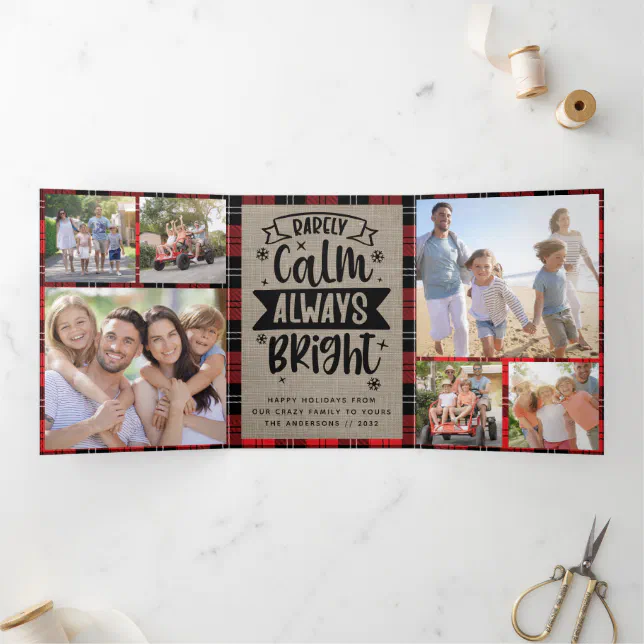 Funny Rarely Calm Always Bright Plaid Burlap Photo Tri-Fold Holiday ...