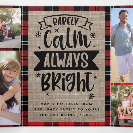 Funny Rarely Calm Always Bright Plaid Burlap Photo Tri-Fold Holiday ...