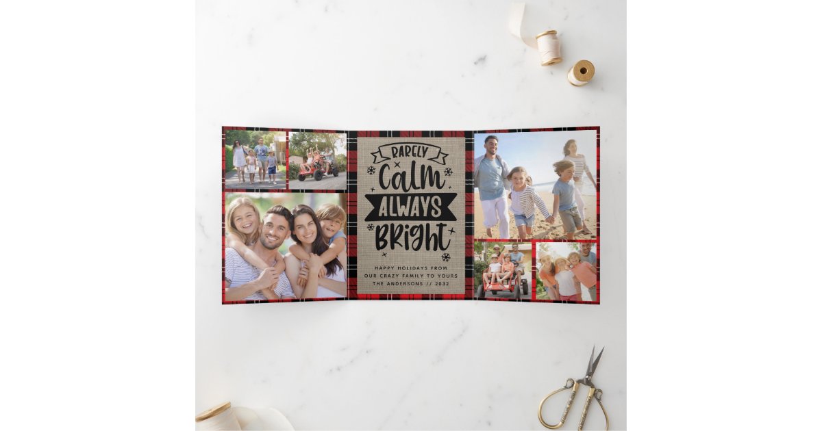 Funny Rarely Calm Always Bright Plaid Burlap Photo Tri-Fold Holiday ...