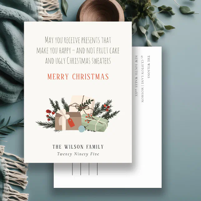 Funny Receive Christmas Presents Makes You Happy Holiday Postcard | Zazzle