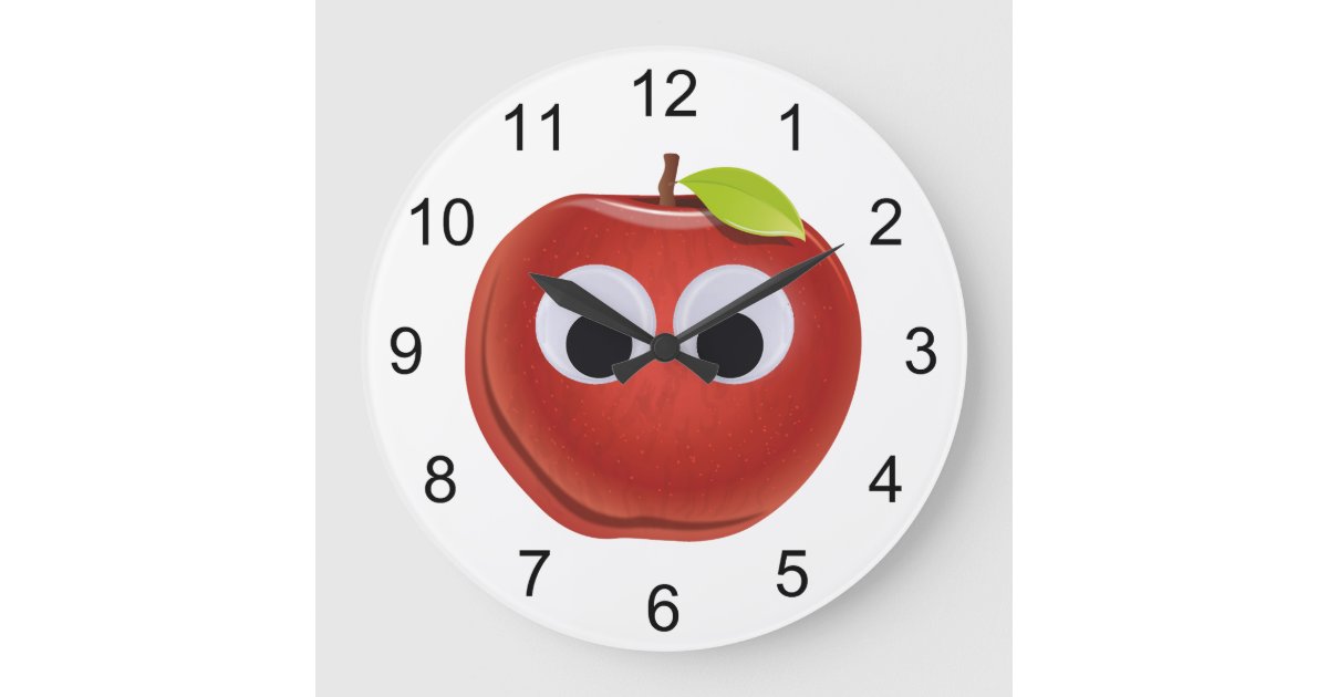Funny Red Apple with Googly Eyes Large Clock | Zazzle