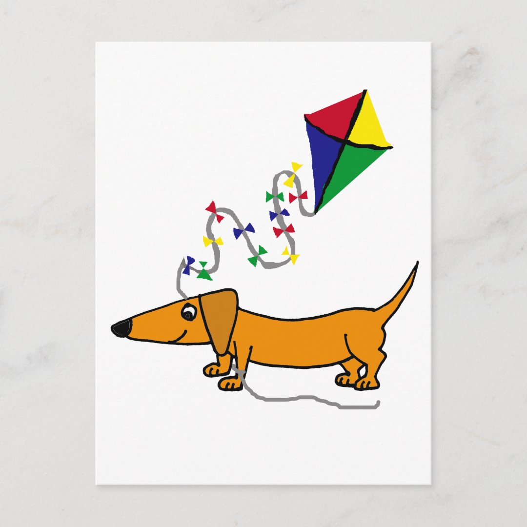 Funny Red dachshund Flying Kite Cartoon Postcard | Zazzle