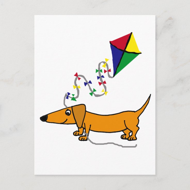Funny Red dachshund Flying Kite Cartoon Postcard | Zazzle