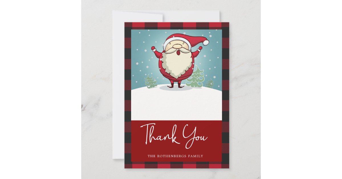 Funny Red Plaid Santa Claus on Snow Mountain Thank You Card | Zazzle