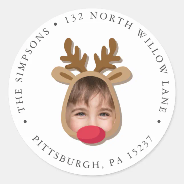 Funny Reindeer Face Return Address Classic Round Sticker | Zazzle