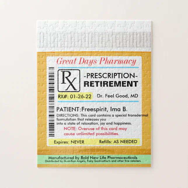 Funny Retirement Prescription RX Jigsaw Puzzle | Zazzle
