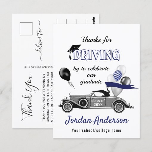 Funny Retro Car Drive By Graduation Thank You Postcard | Zazzle