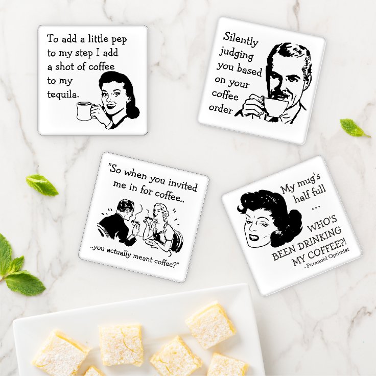 Funny Retro Coffee Humor Slogan Coaster Set | Zazzle