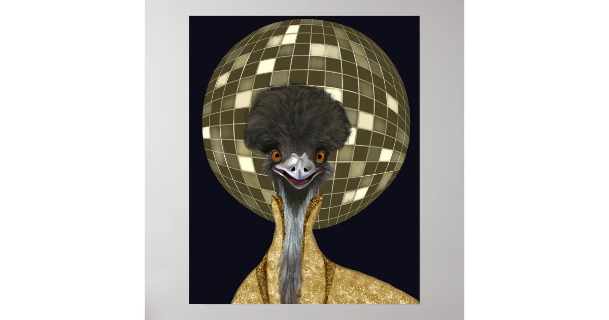 Funny Retro Golden Disco Ball Emu Bird Poster | Zazzle