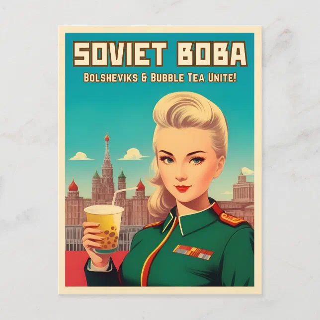 Funny Retro Style Soviet USSR Boba Tea Humor Postcard | Zazzle