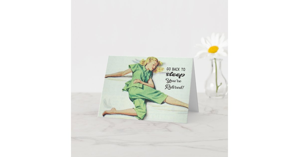 Funny retro woman in pajamas retirement card | Zazzle