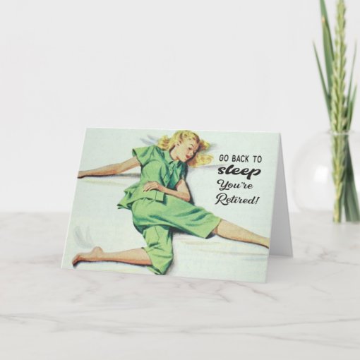 Funny retro woman in pajamas retirement card | Zazzle