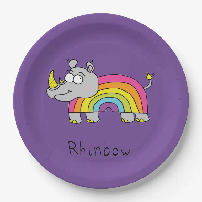 Funny Rhino Rainbow Cute Rhinoceros Kids Cartoon Paper Plates | Zazzle