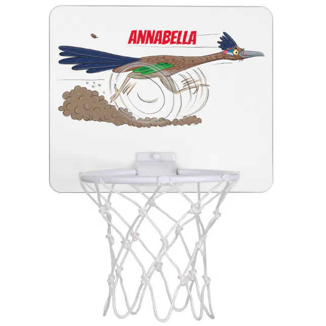 Funny roadrunner bird cartoon illustration mini basketball hoop | Zazzle