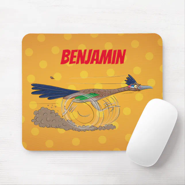 Funny roadrunner bird cartoon illustration mouse pad | Zazzle