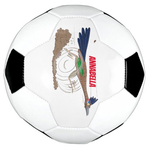 Funny roadrunner bird cartoon illustration soccer ball | Zazzle