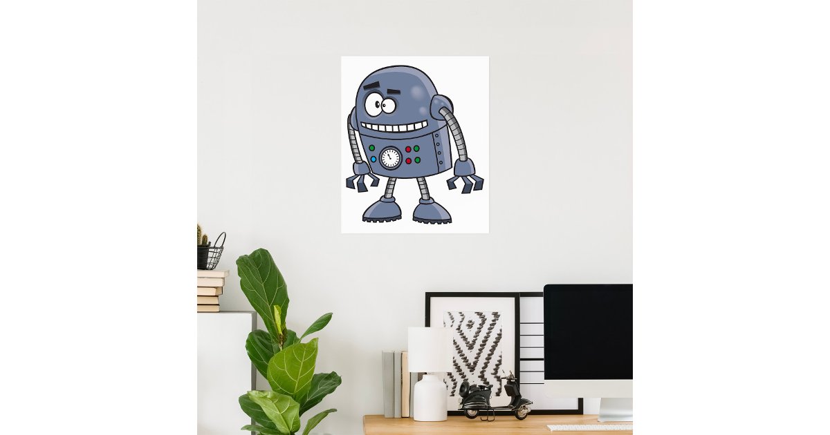 Funny Robot Character Cute Blue Retro Poster | Zazzle