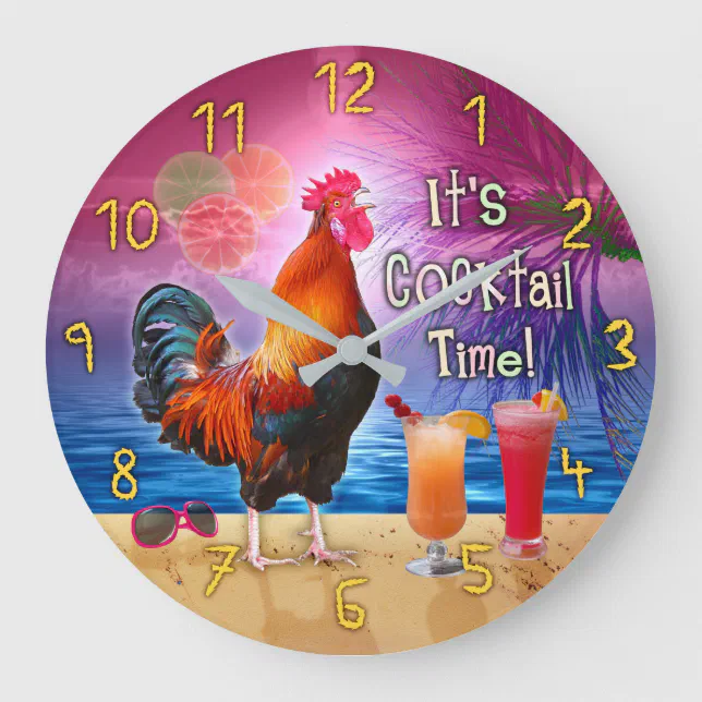 Funny Rooster Chicken Cocktail Time Tropical Beach Large Clock | Zazzle