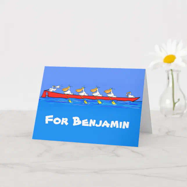 Funny rowing pelicans cartoon illustration card | Zazzle
