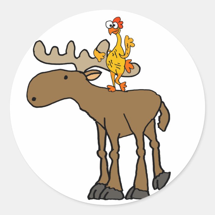 Funny Rubber Chicken Riding Moose Cartoon Classic Round Sticker ...