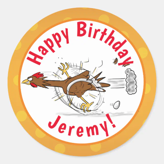 Funny running cool chicken cartoon illustration classic round sticker ...
