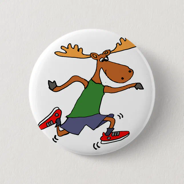 Funny Running Moose cartoon Button | Zazzle