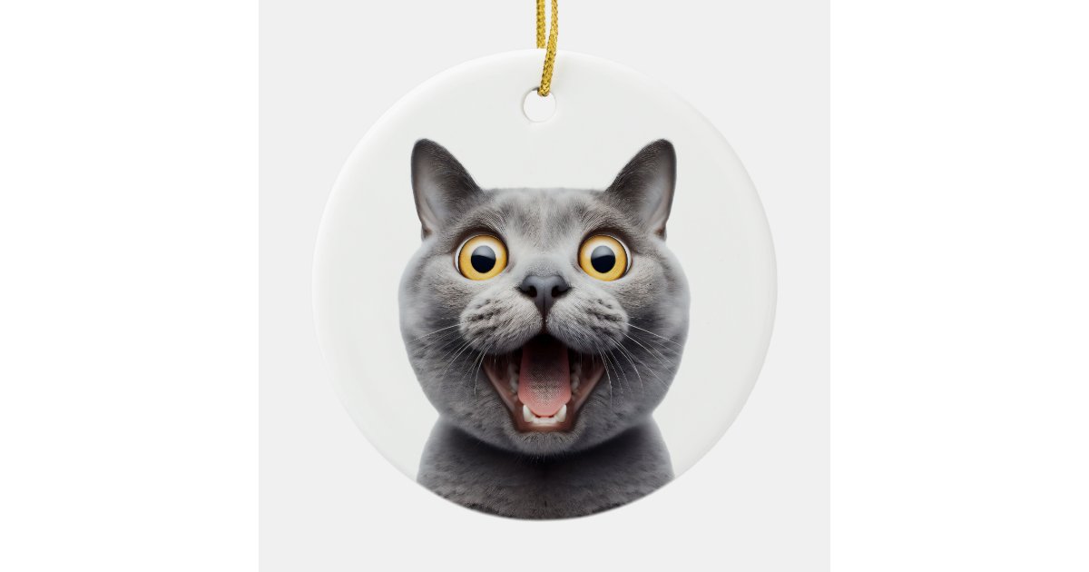 FUNNY RUSSIAN BLUE GRAY CAT SURPRISED CAT FACE CERAMIC ORNAMENT | Zazzle