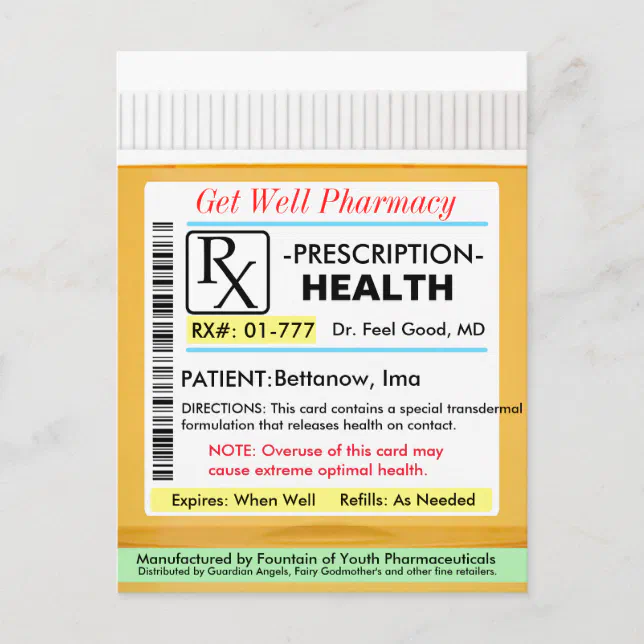 Funny RX Prescription for Health Postcard | Zazzle