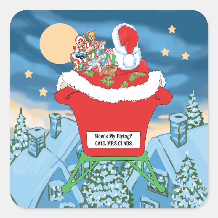 Funny Santa Claus Christmas Humor How's My Flying Square Sticker | Zazzle