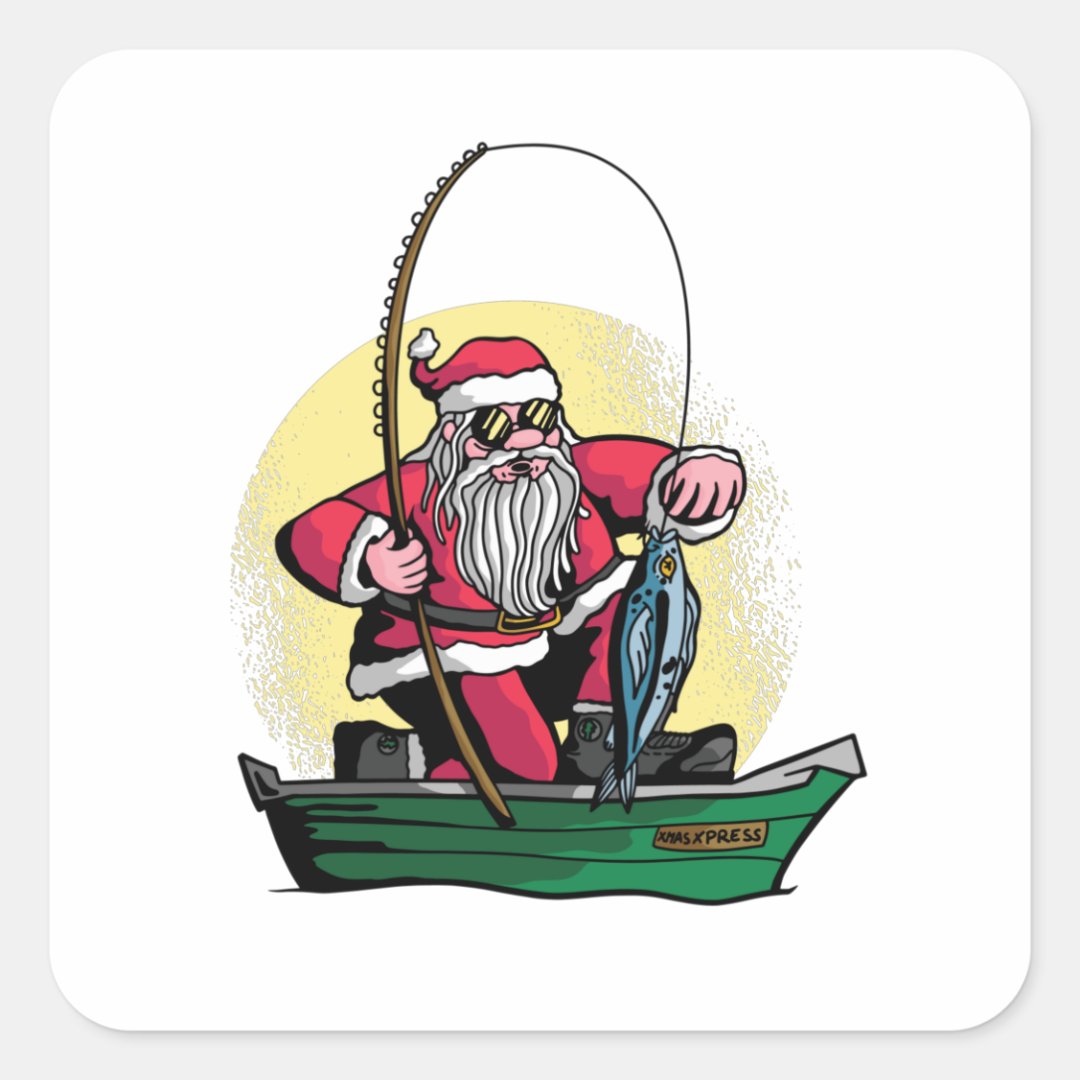Funny Santa Fishing Christmas Fish Gift Square Sticker | Zazzle
