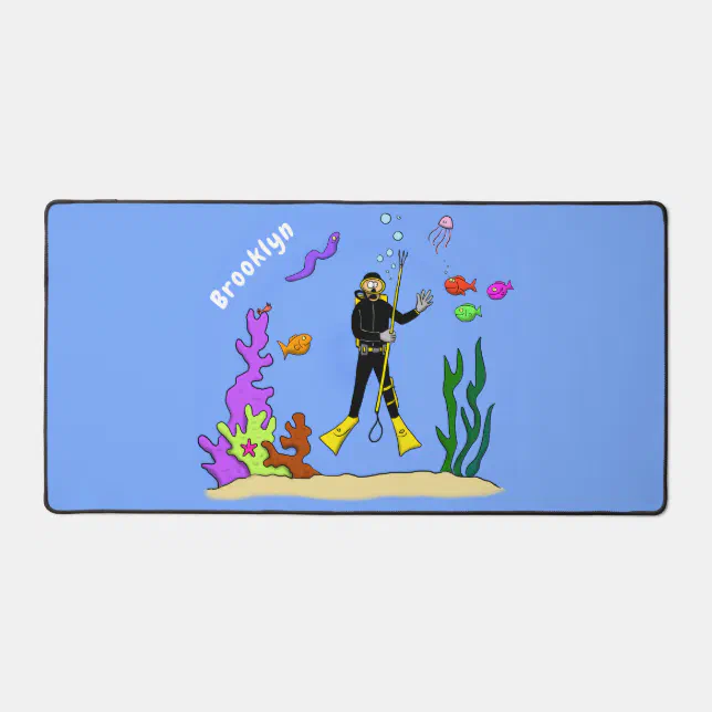 Funny scuba diver and fish sea creatures cartoon desk mat | Zazzle
