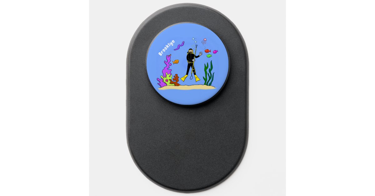 Funny scuba diver and fish sea creatures cartoon PopSocket | Zazzle