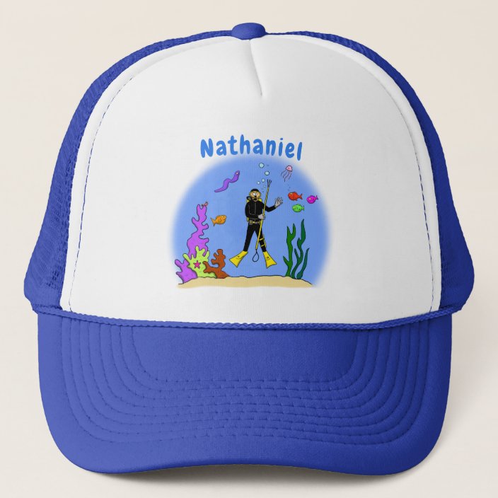 Funny scuba diver and fish sea creatures cartoon trucker hat | Zazzle.com