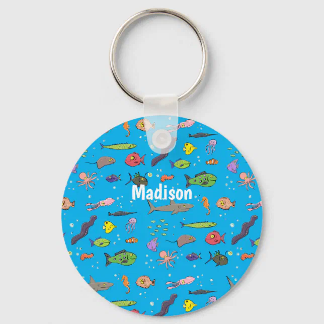 Funny sea creatures cartoon illustration pattern keychain | Zazzle