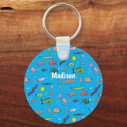 Funny sea creatures cartoon illustration pattern keychain | Zazzle