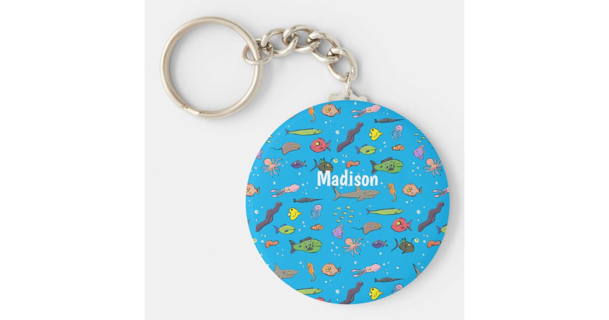 Funny sea creatures cartoon illustration pattern keychain | Zazzle.com