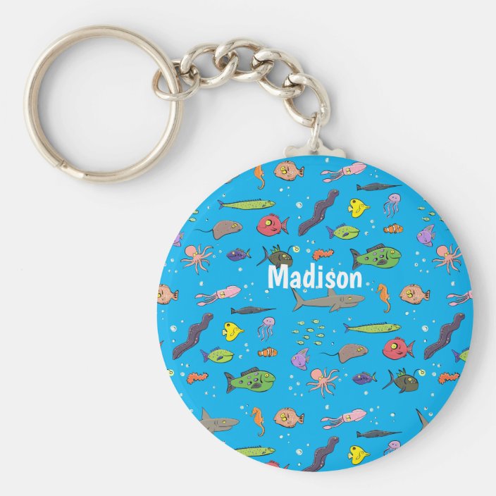 Funny sea creatures cartoon illustration pattern keychain | Zazzle.com